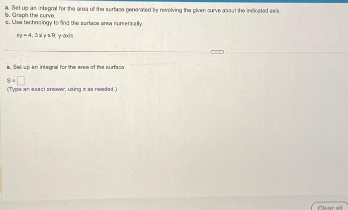 Solved a. Set up an integral for the area of the surface | Chegg.com