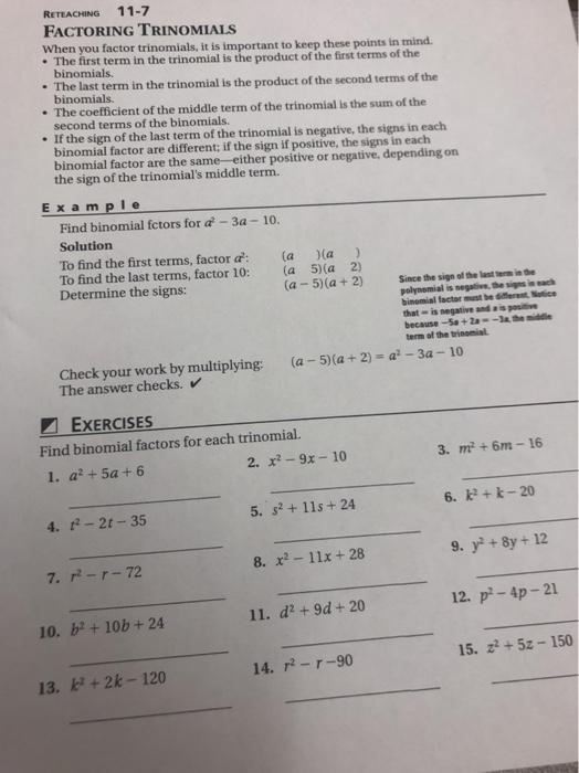 Solved RETEACHING 11-7 FACTORING TRINOMIALS When you factor | Chegg.com