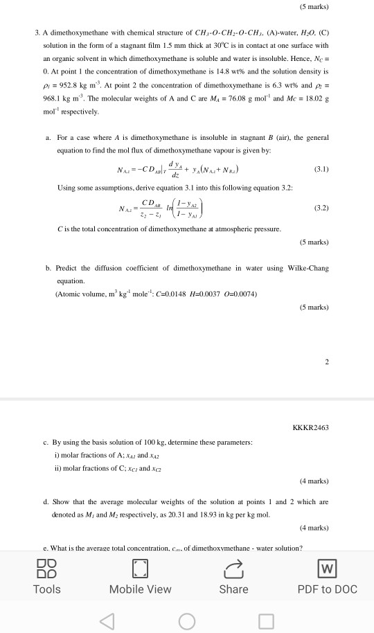 Solved (5 marks) 3. A dimethoxymethane with chemical | Chegg.com