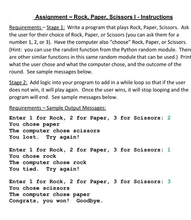 Solved Assignment - Rock, Paper, Scissors I - Instructions | Chegg.com