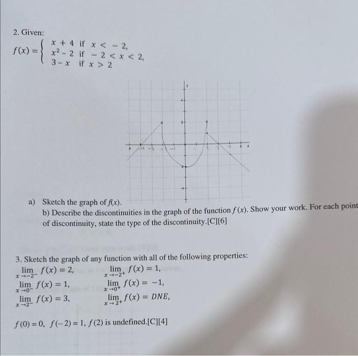 Solved 2. Given: f(x)=⎩⎨⎧x+4x2−23−x if x