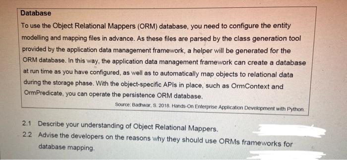 Solved Database To Use The Object Relational Mappers Orm