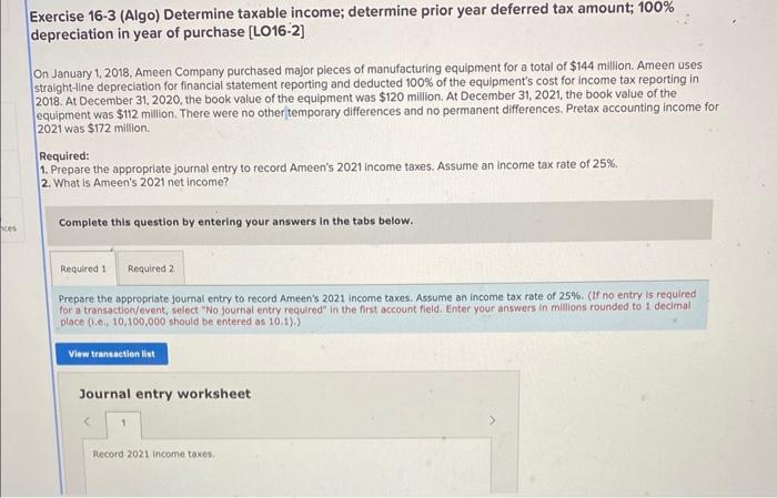 Solved Exercise 16-3 (Algo) Determine taxable income; | Chegg.com