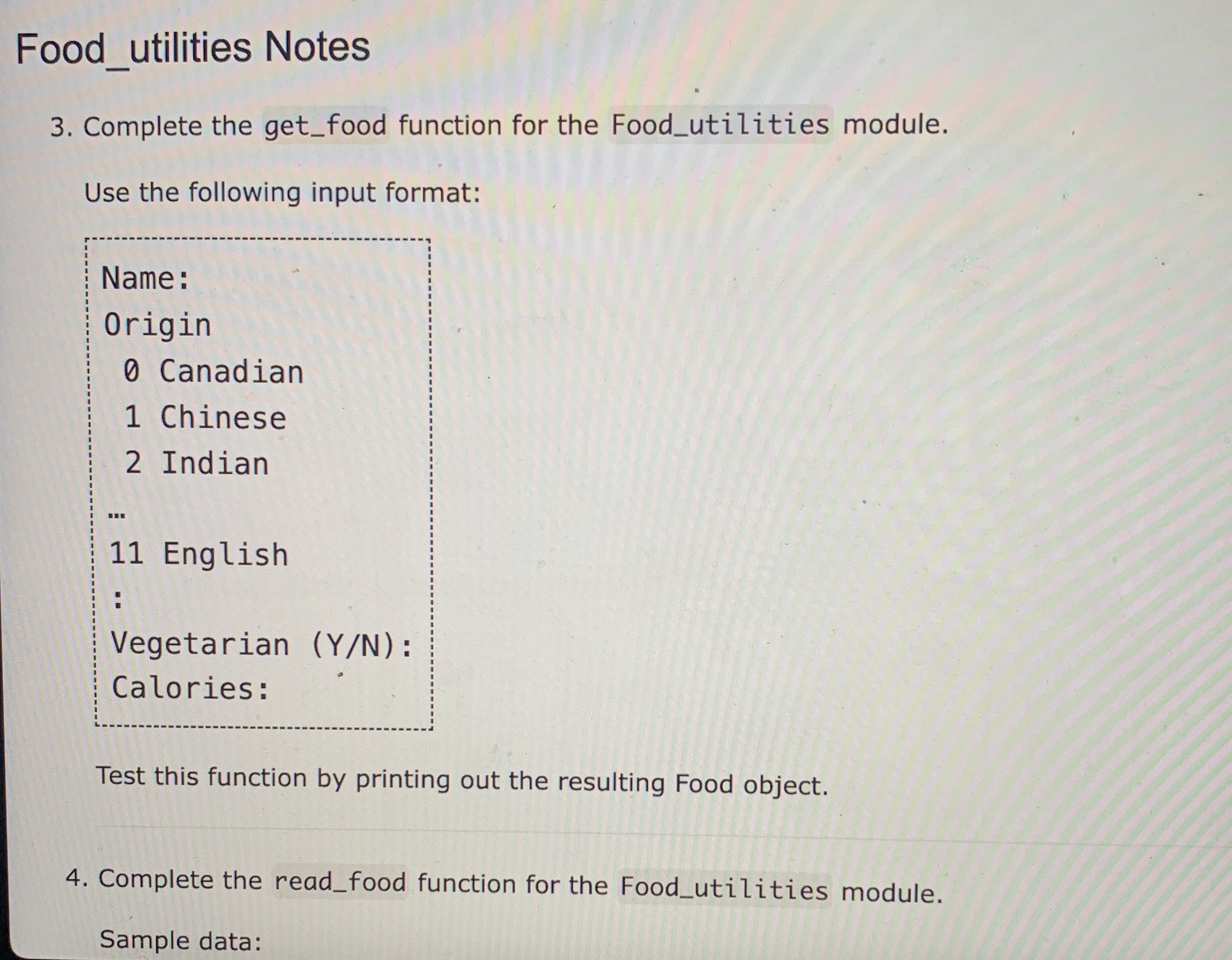 Solved Food_utilities NotesComplete the get_food function | Chegg.com