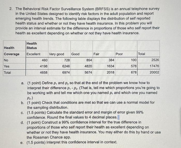 Solved 2. The Behavioral Risk Factor Surveillance System | Chegg.com