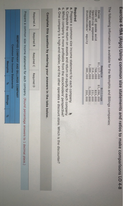 Exercise 4-19A (Algo) Using common size statements | Chegg.com