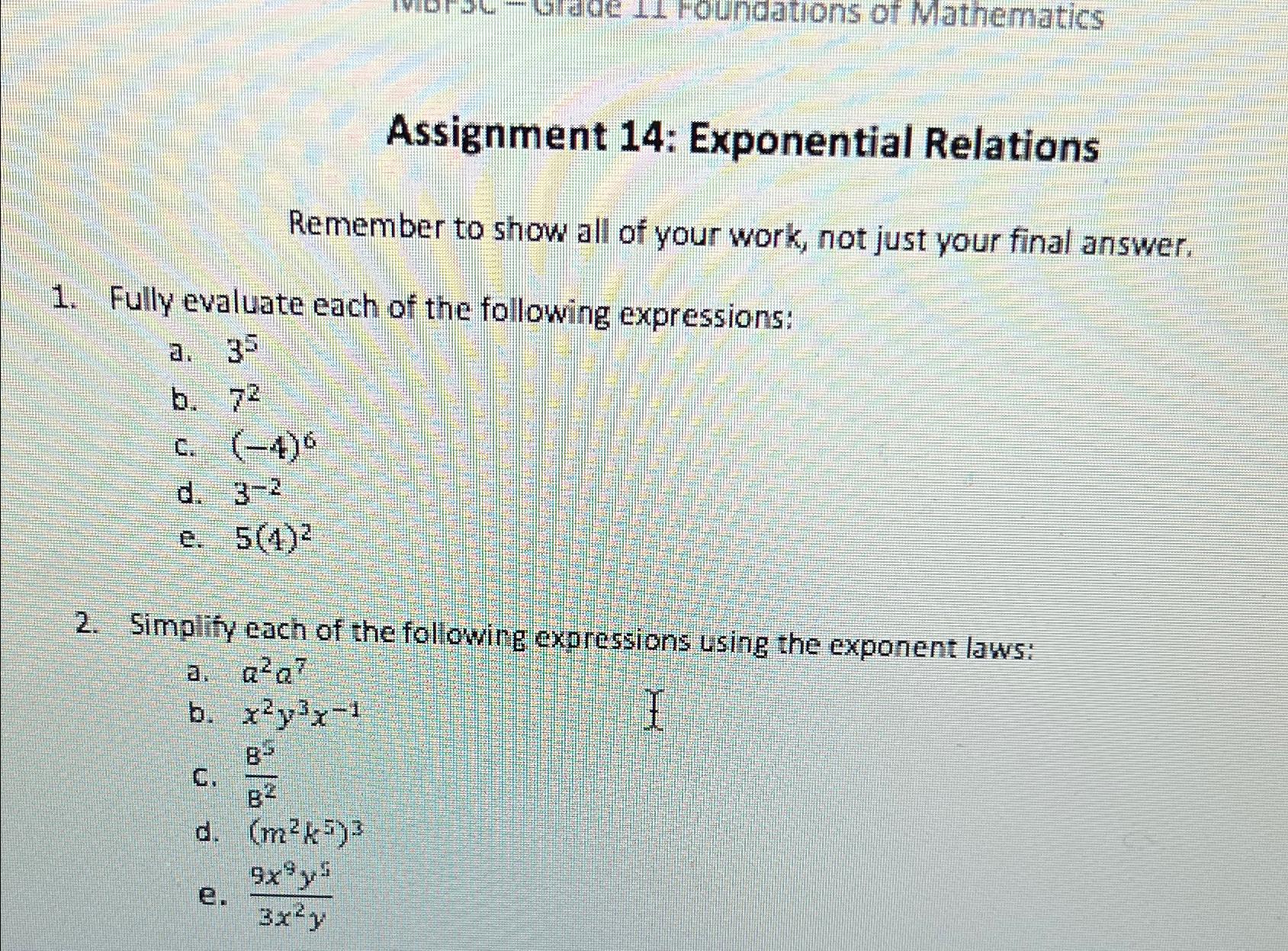 Solved Assignment 14: Exponential RelationsRemember to show | Chegg.com