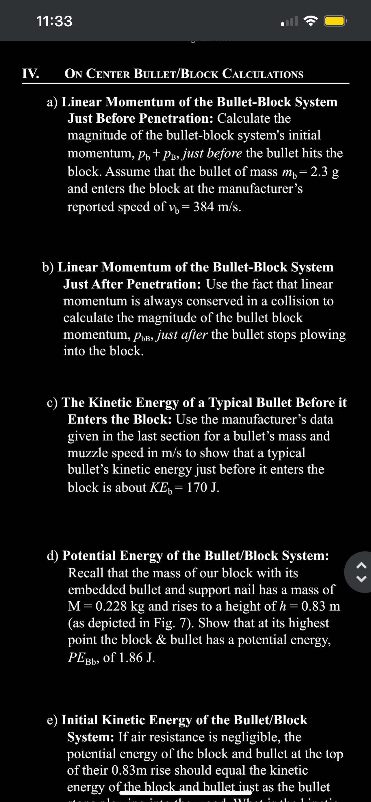Solved 11:33IV. ﻿On Center Bullet/Block Calculationsa) | Chegg.com