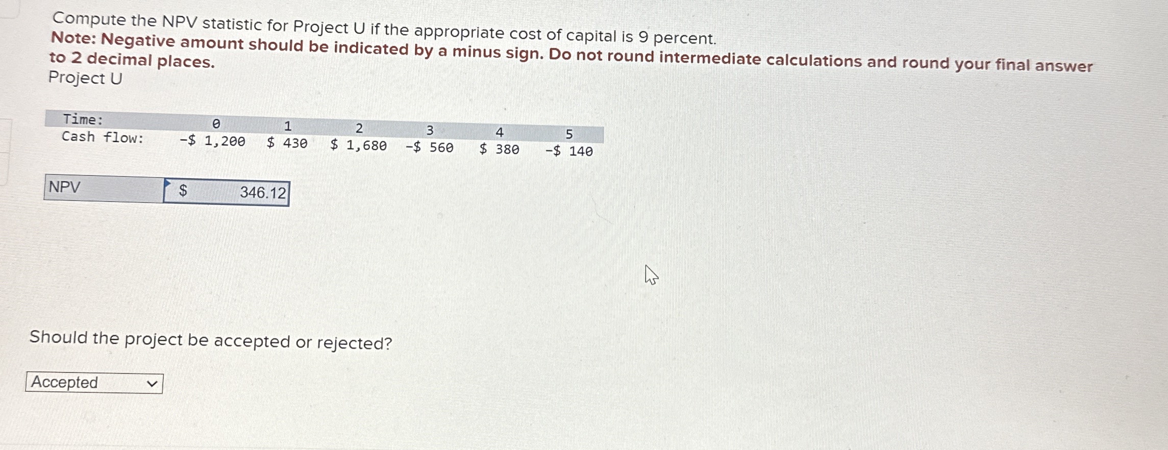 Solved Compute the NPV statistic for Project U ﻿if the | Chegg.com