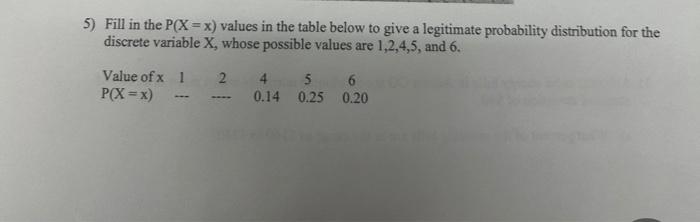 Solved 5) Fill in the P(X=x) values in the table below to | Chegg.com