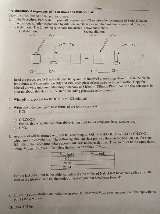 Solved Name Prelaboratory Assignment: pH Titrations and | Chegg.com