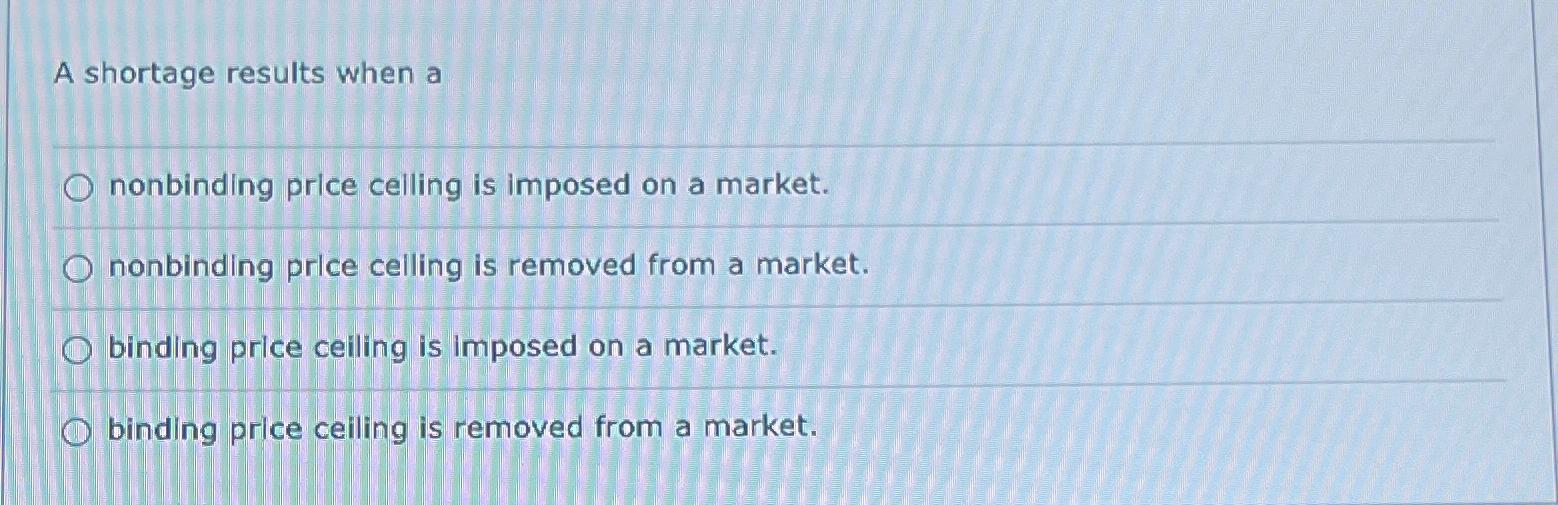 Solved A shortage results when anonbinding price celling is | Chegg.com