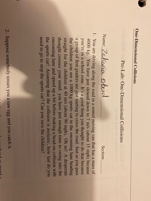 Solved One-Dimensional Collisions Pre-Lab: One-Dimensional | Chegg.com