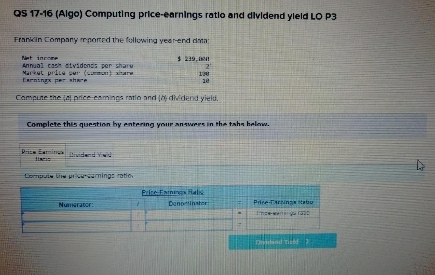 Solved QS 17-16 (Algo) ComputIng price-earnings ratlo and | Chegg.com