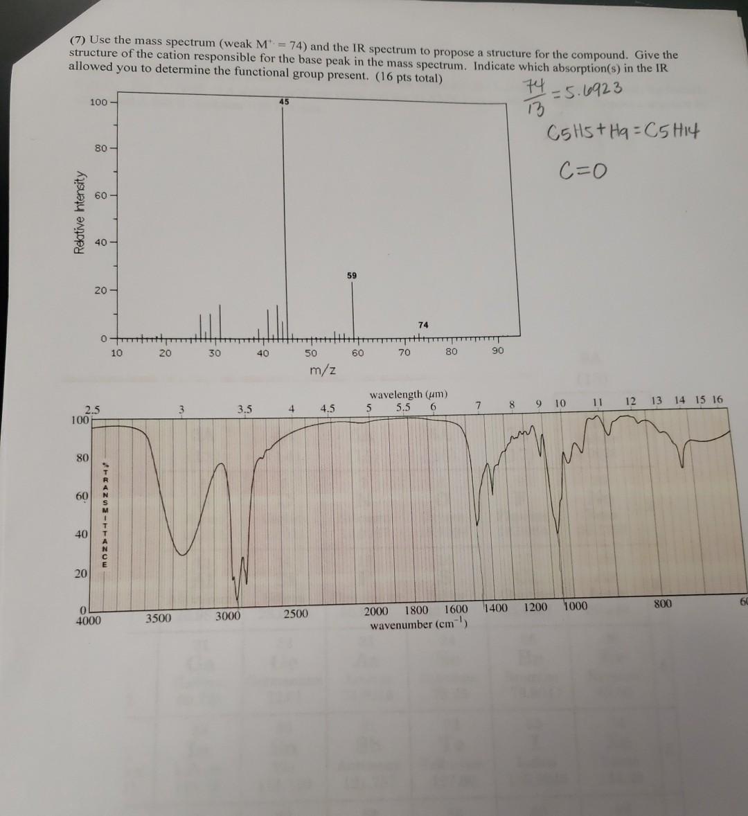 Solved (7) Use the mass spectrum (weak M = 74) and the IR | Chegg.com