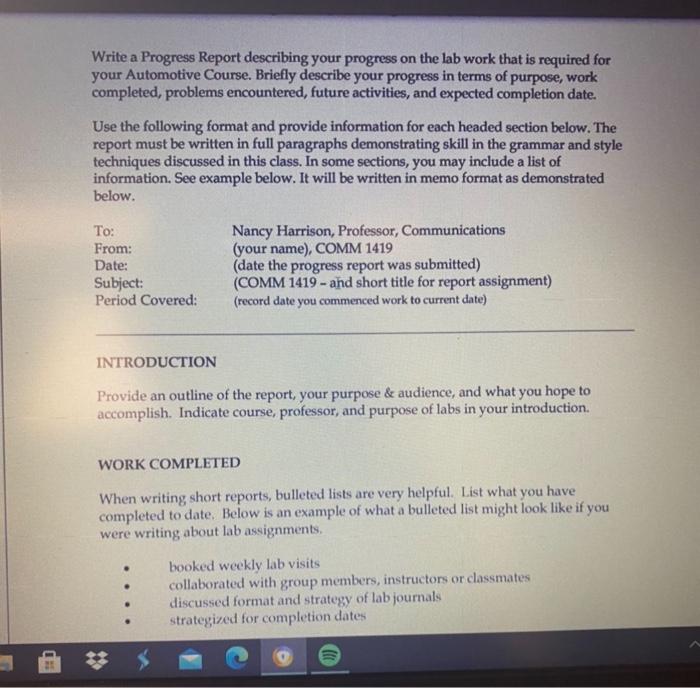 Write a Progress Report describing your progress on | Chegg.com