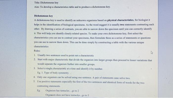 Solved create a Dichotomous key from the unique | Chegg.com