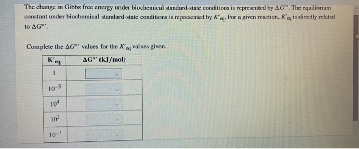 Solved The change in Gibbs free energy under biochemical | Chegg.com