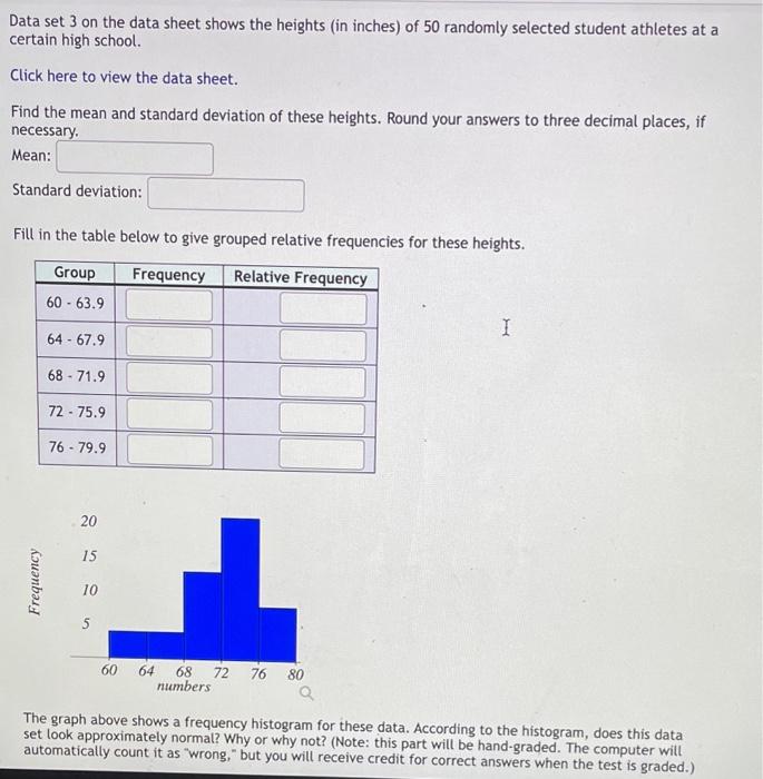 Solved Data set 3 on the data sheet shows the heights (in | Chegg.com