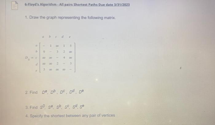 Solved 6.Floyd's Algorithm - All pairs Shortest Paths Due | Chegg.com