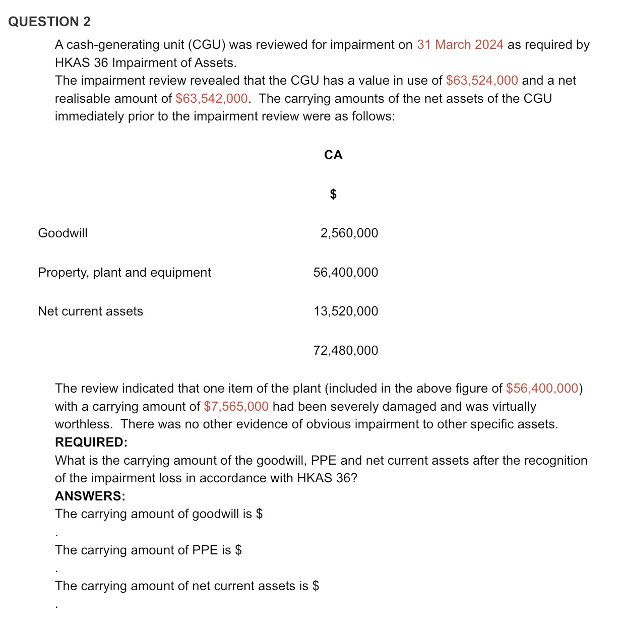 Solved QUESTION 2A cash-generating unit (CGU) ﻿was reviewed | Chegg.com