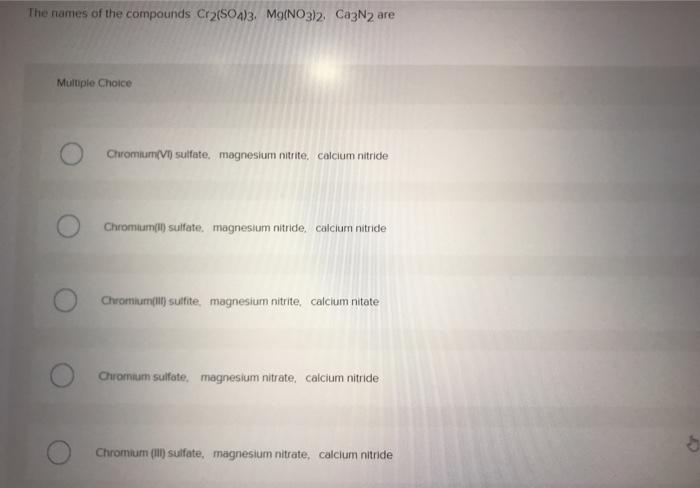 Solved The names of the compounds Cr2(SO4)3, Mg(NO3)2, CagN2 | Chegg.com