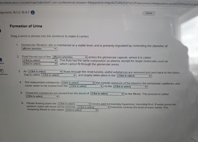 Solved ignment 1612;16.4.7iFormation of UrineDrag a word or | Chegg.com