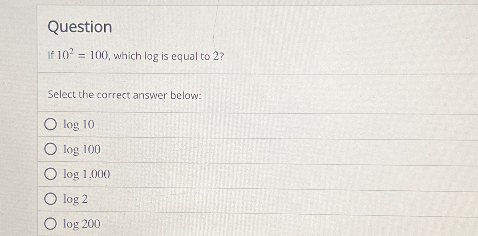 Solved QuestionIf 102=100, ﻿which log is equal to 2?Select | Chegg.com