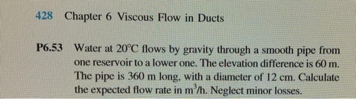 Solved 428 Chapter 6 Viscous Flow in Ducts P6.53 Water at | Chegg.com Solved 428 Chapter 6 Viscous Flow in Ducts P6.53 Water at | Chegg.com
