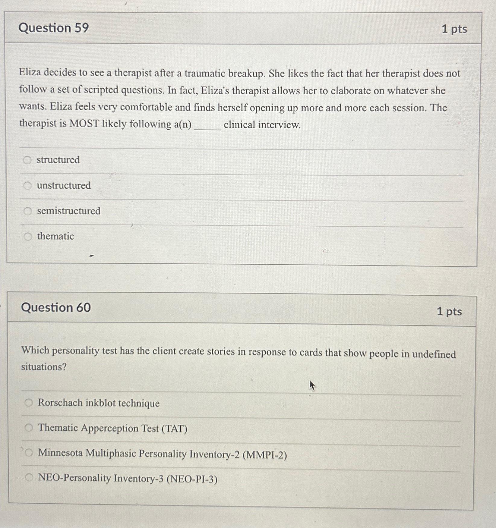 Solved Question 591 ﻿ptsEliza decides to see a therapist | Chegg.com
