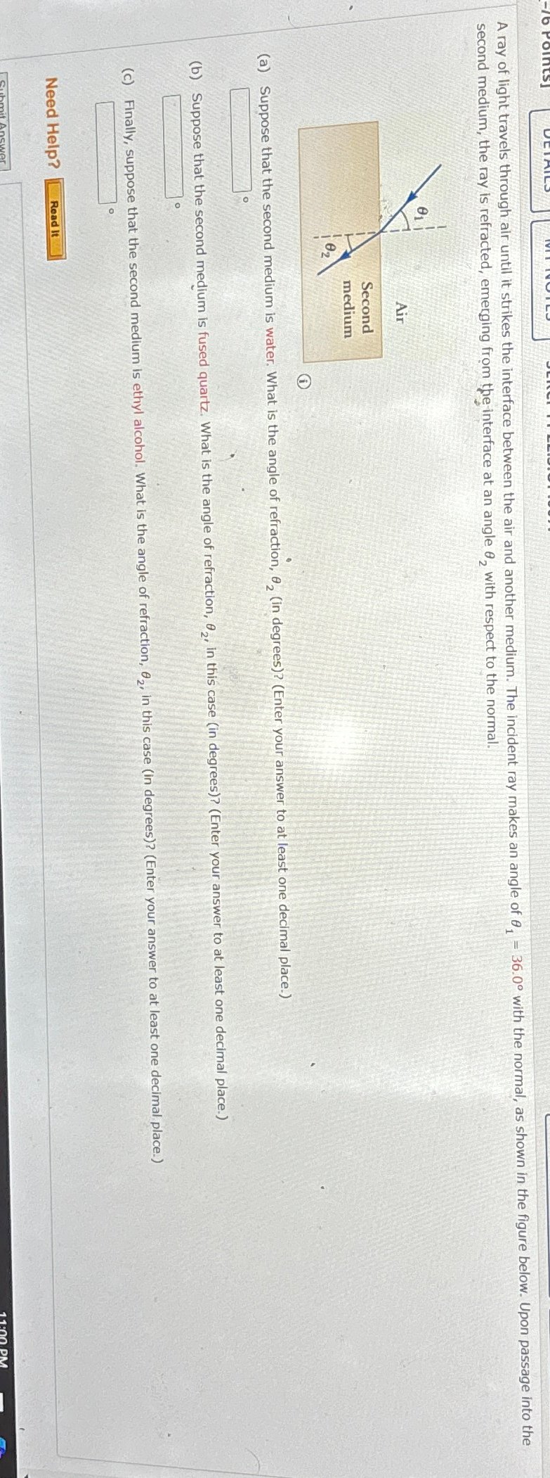 Solved A ray of light travels through air until it strikes | Chegg.com