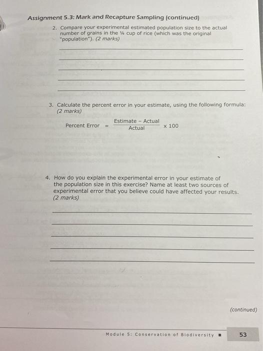 Assignment 5.3: Mark and Recapture Sampling | Chegg.com