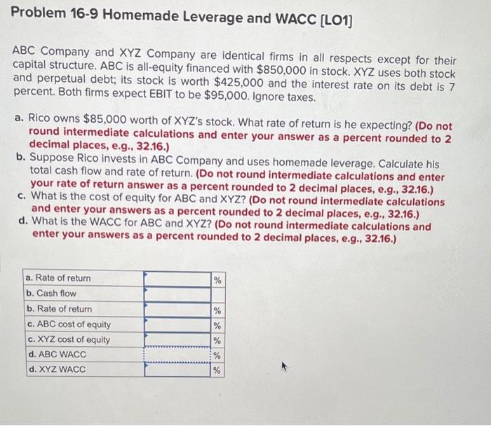 Solved Problem 16-9 Homemade Leverage and WACC [LO1] ABC | Chegg.com
