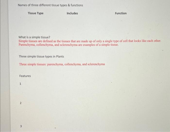 Solved Names of three different tissue types \& functions | Chegg.com