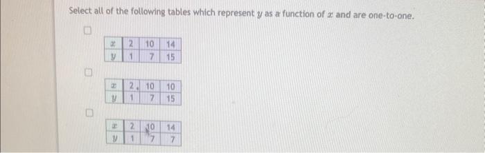 Solved Select all of the following tables which represent y | Chegg.com