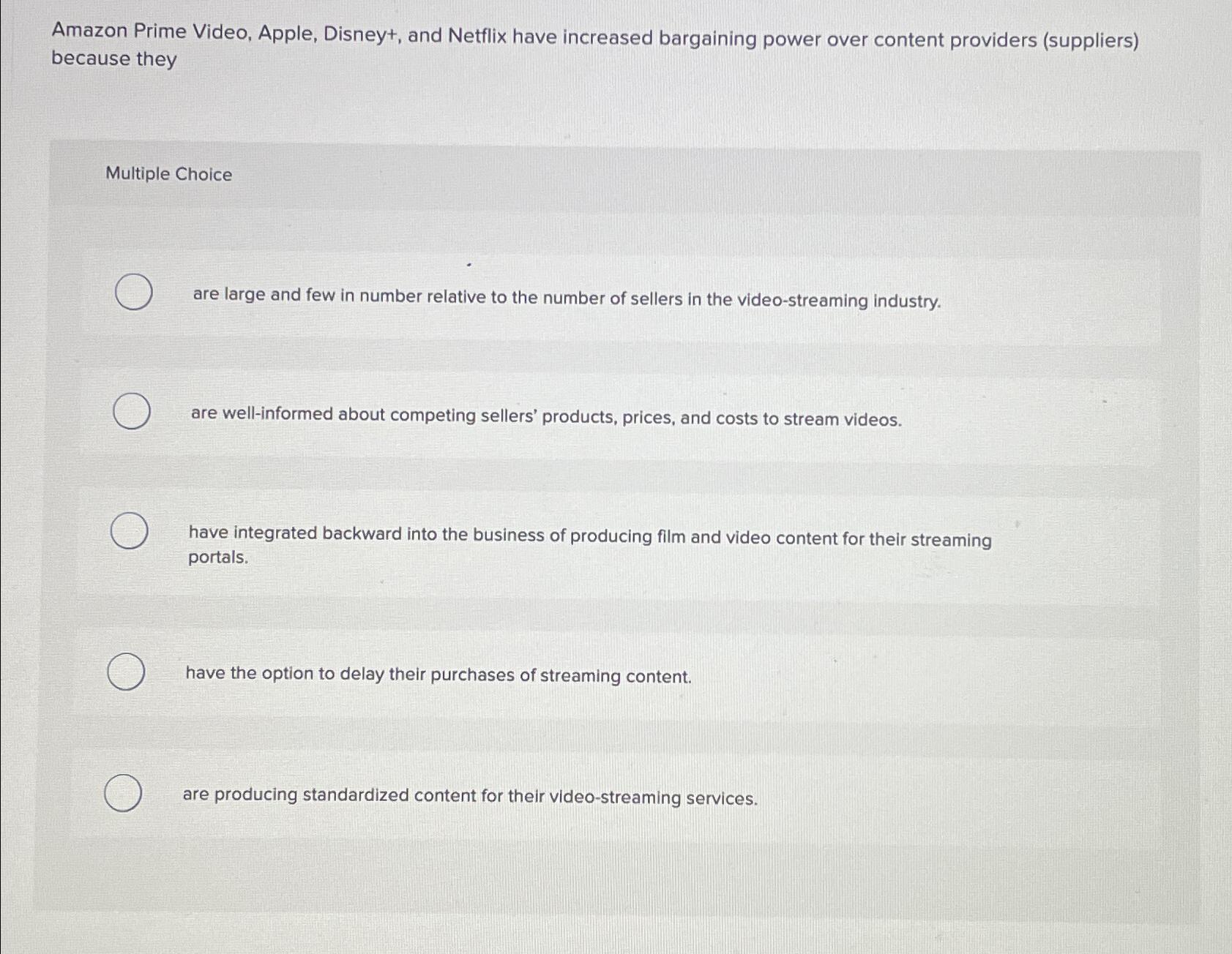 Solved Amazon Prime Video, Apple, Disney+, ﻿and Netflix have | Chegg.com