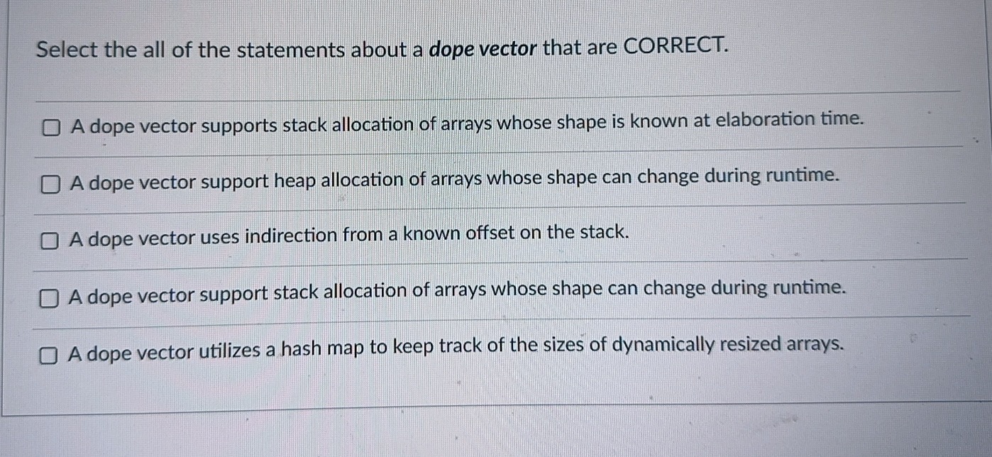 Solved Select the all of the statements about a dope vector | Chegg.com