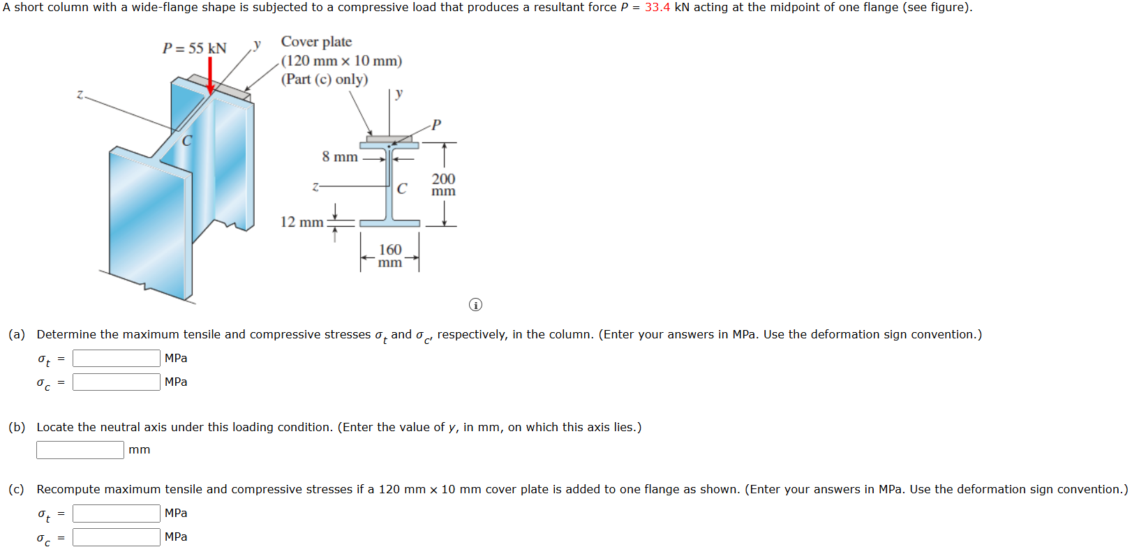 Solved A short column with a wide-flange shape is subjected | Chegg.com
