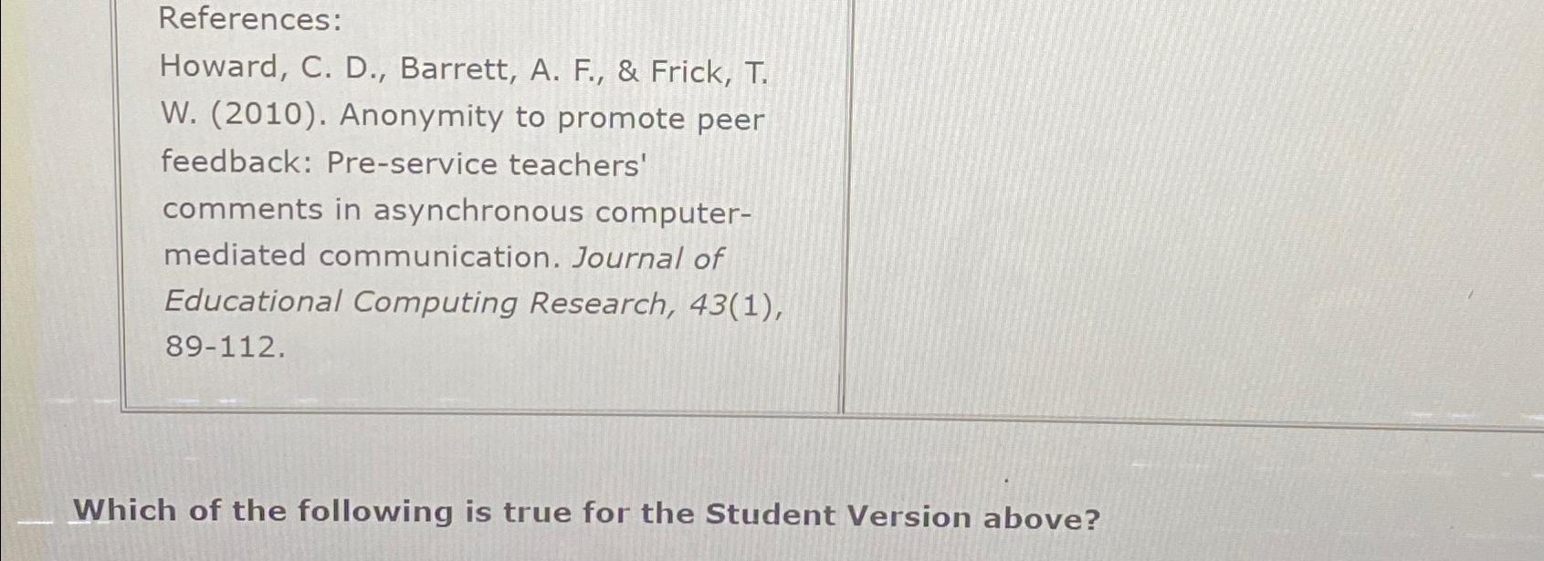 Solved References:Howard, C. ﻿D., ﻿Barrett, A. ﻿F., ﻿& | Chegg.com