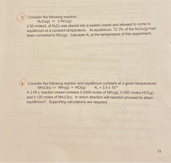 Solved 5. Consider the following reaction: N2O4(g) 2 NO2(g) | Chegg.com