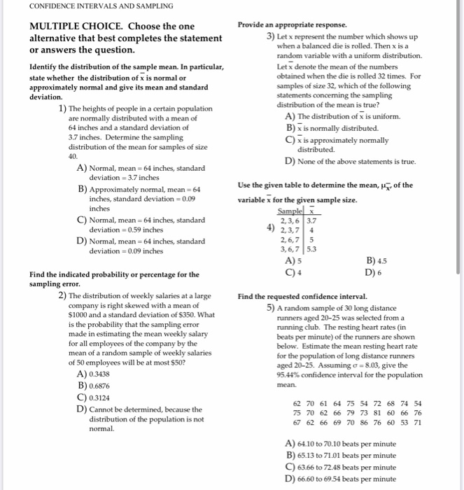 Solved CONFIDENCE INTERVALS AND SAMPLING MULTIPLE CHOICE. | Chegg.com