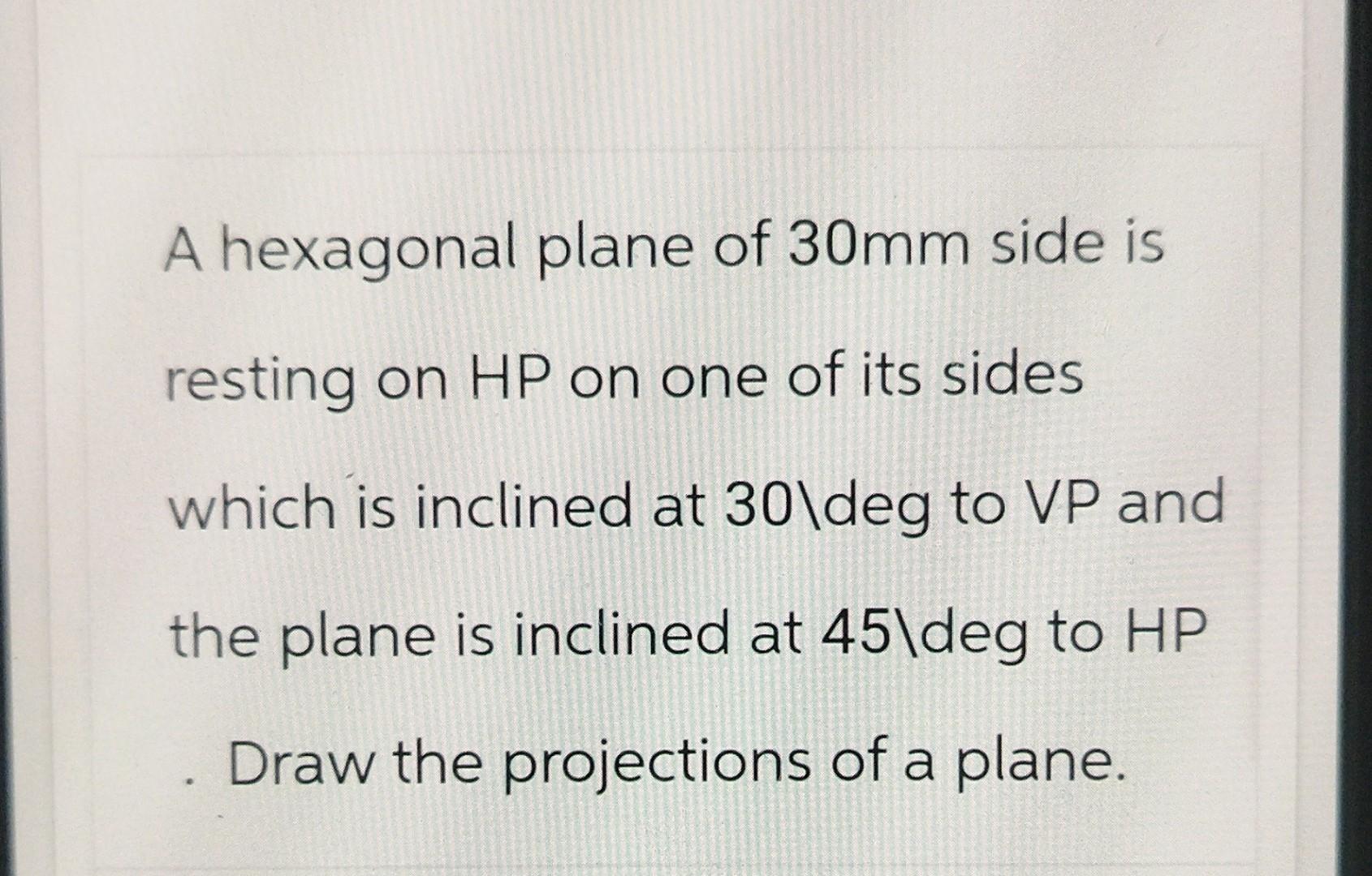 Solved A hexagonal plane of 30 mm side is resting on HP on | Chegg.com