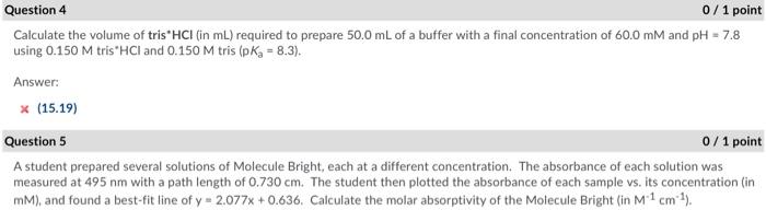 Solved Question 4 0/1 point Calculate the volume of tris HCI | Chegg.com