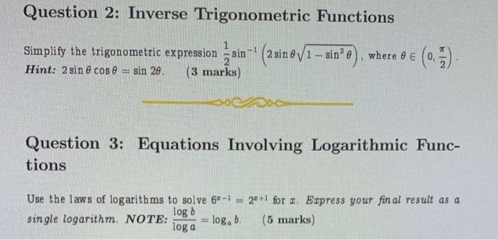 Solved Question 2: Inverse Trigonometric Functions Simplify | Chegg.com
