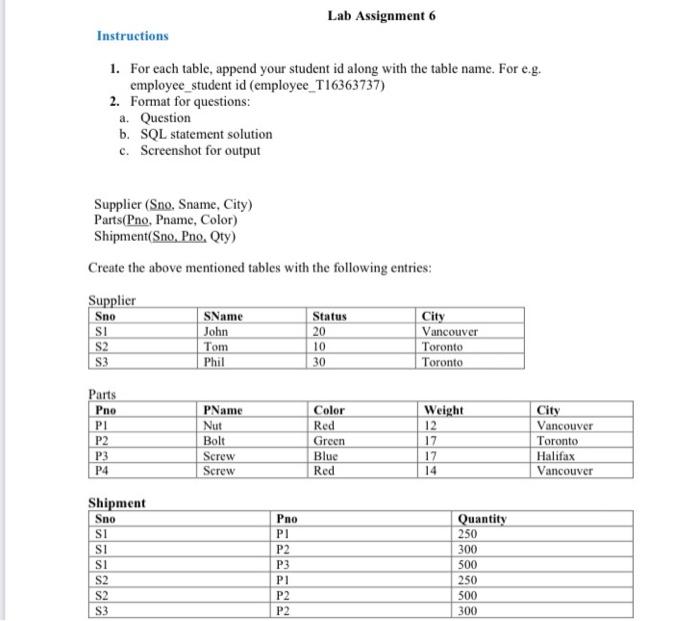 Solved Lab Assignment 6 Instructions 1. For each table, | Chegg.com