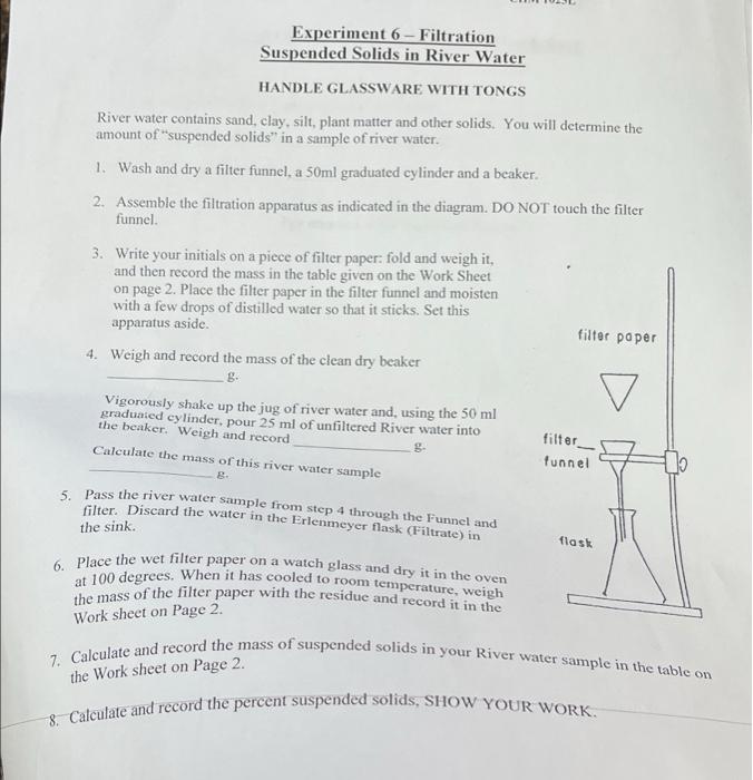 Experiment 6- Filtration Suspended Solids in River | Chegg.com