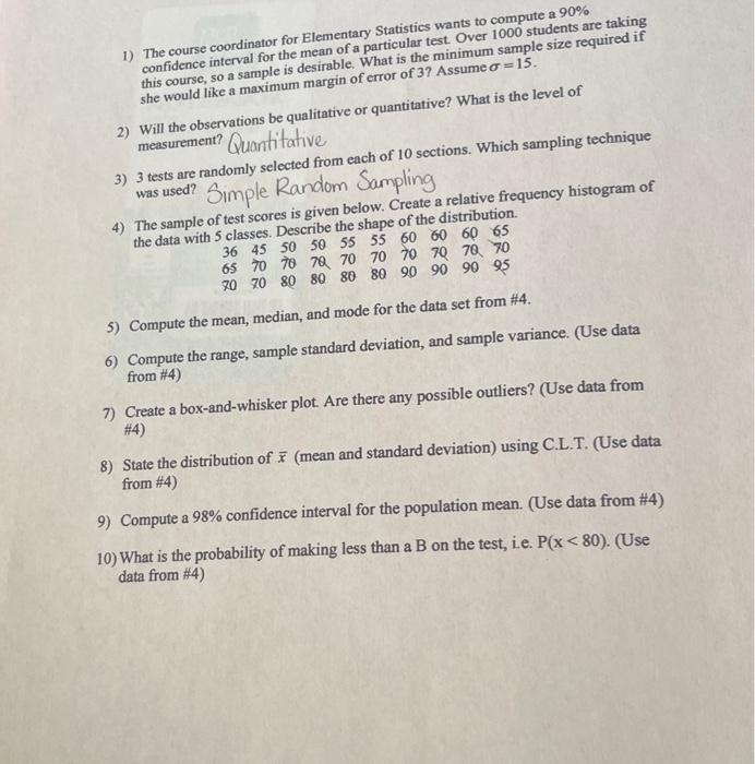 Solved 1) The course coordinator for Elementary Statistics | Chegg.com