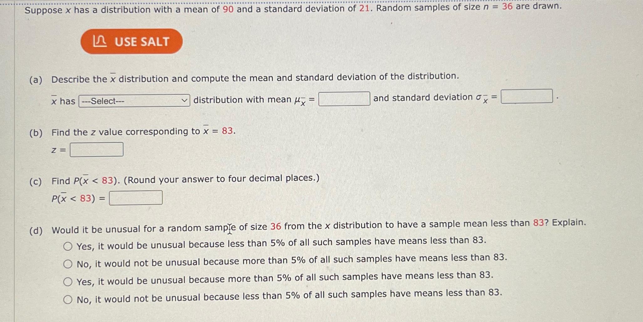 Solved Suppose x ﻿has a distribution with a mean of 90 ﻿and | Chegg.com