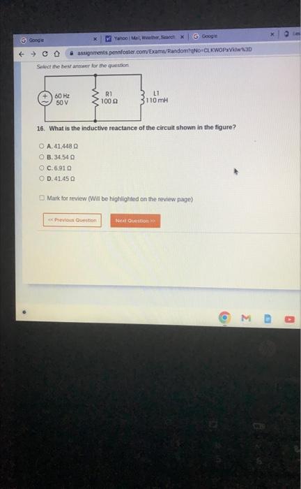 Solved 16. What is the inductive reactance of the circuit | Chegg.com