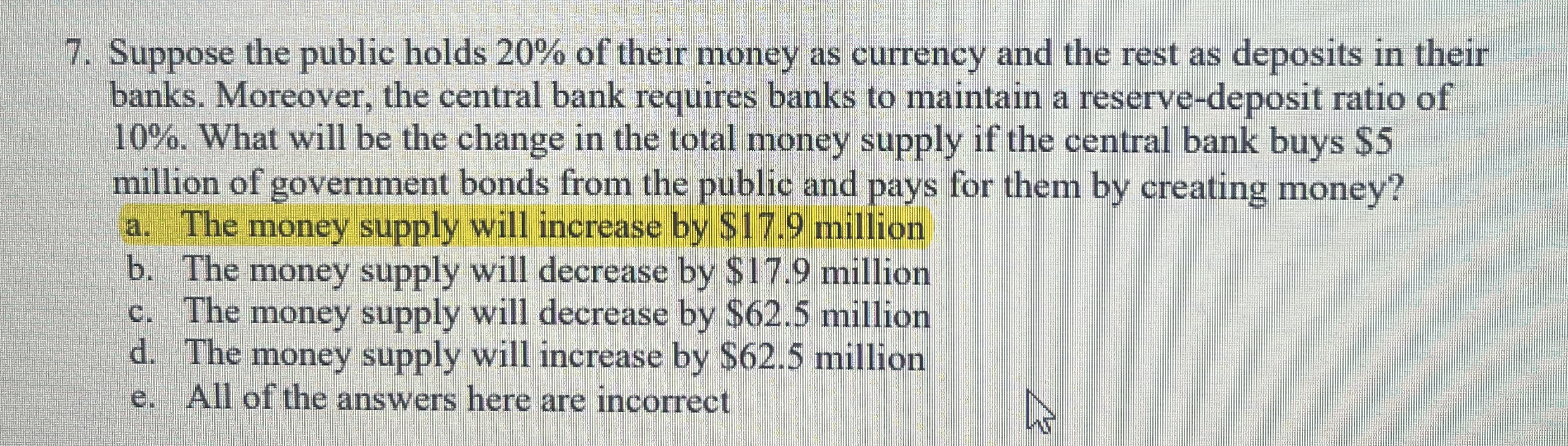 Solved Suppose the public holds 20% ﻿of their money as | Chegg.com